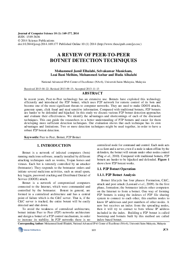 Pdf A Review Of Peer To Peer Botnet Detection Techniques