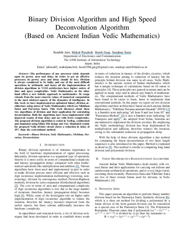 Pdf Binary Division Algorithm And High Speed Deconvolution Algorithm Based On Ancient Indian