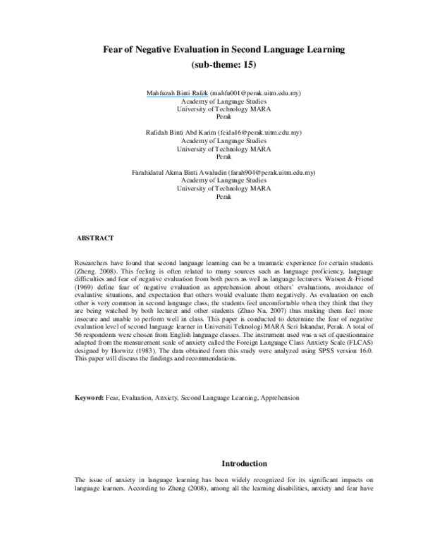 (PDF) Fear of Negative Evaluation in Second Language Learning