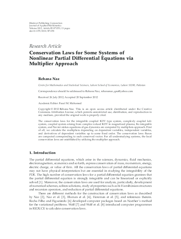 Pdf Conservation Laws For Some Systems Of Nonlinear Partial Differential Equations Via