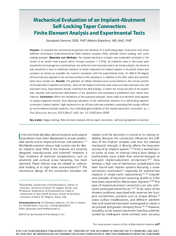 (PDF) Mechanical Evaluation of an Implant-Abutment Self-Locking Taper Connection: Finite Element ...