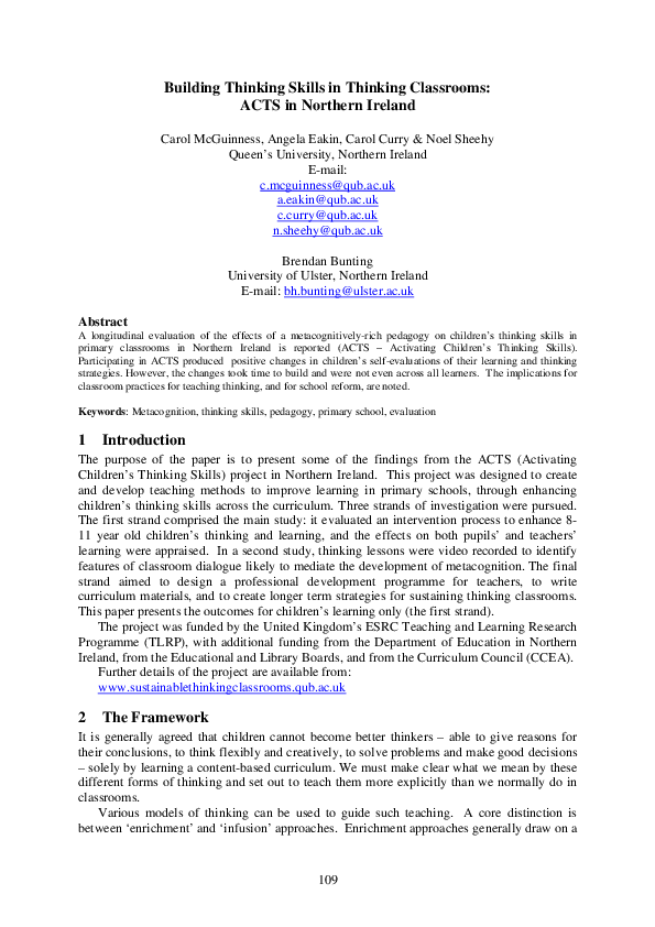 (PDF) Building thinking skills in thinking classrooms: ACTS in Northern ...