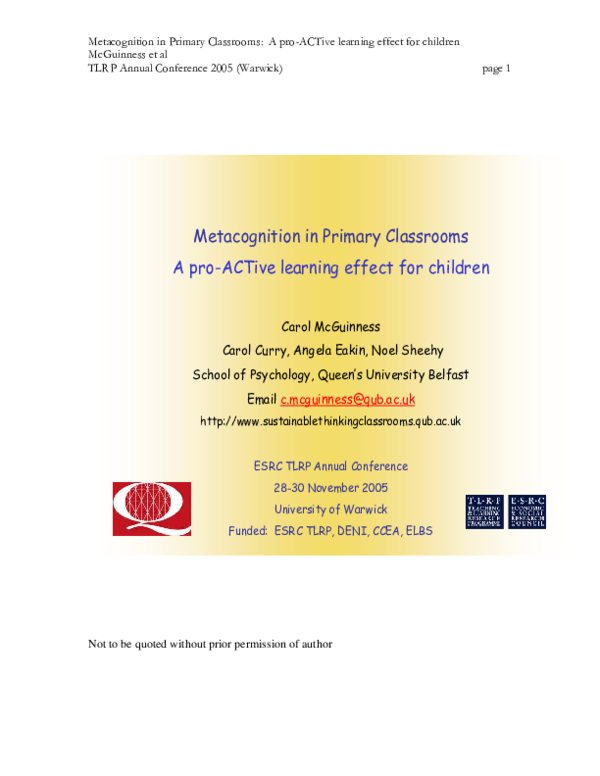 (PDF) Metacognition in Primary Classrooms A pro-ACTive learning effect ...