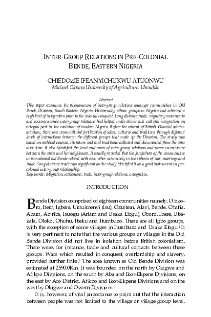 (PDF) INTER-GROUP RELATIONS IN PRE-COLONIAL BENDE, EASTERN NIGERIA