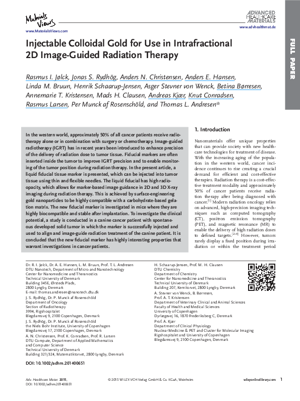 (PDF) Injectable Colloidal Gold for Use in Intrafractional 2D Image ...