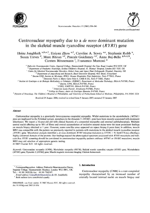 (PDF) Centronuclear myopathy due to a de novo dominant mutation in the skeletal muscle ryanodine ...