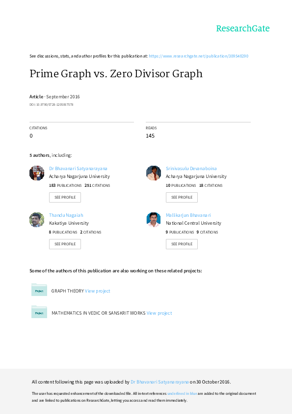 (PDF) Prime Graph vs. Zero Divisor Graph Prime Graph vs. Zero Divisor Graph