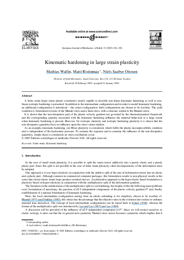 (PDF) Kinematic hardening in large strain plasticity (PDF) Kinematic hardening in large strain plasticity
