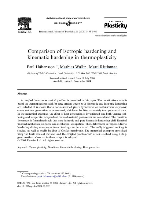 (PDF) Comparison of isotropic hardening and kinematic hardening in ...