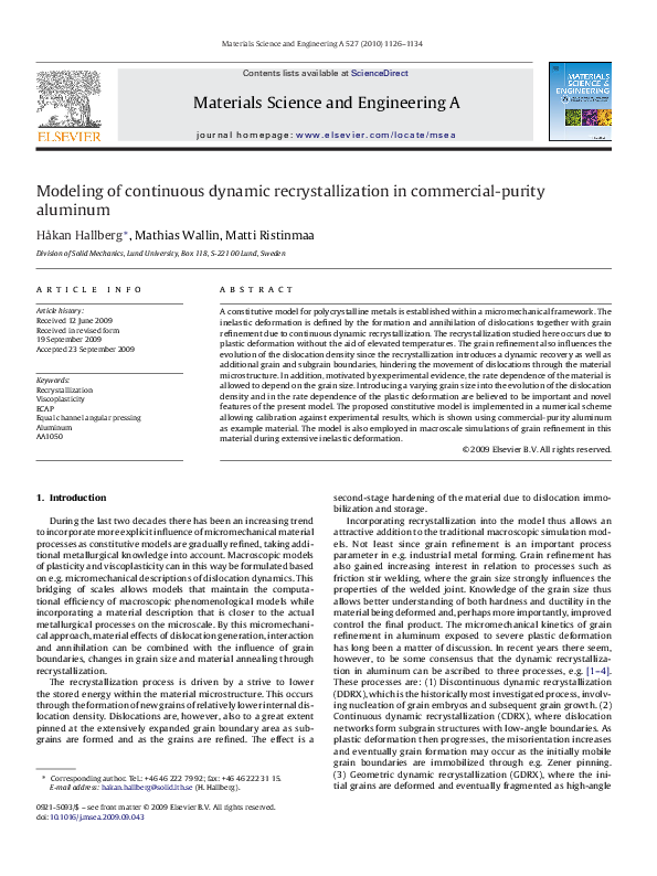 Pdf Modeling Of Continuous Dynamic Recrystallization In Aluminum