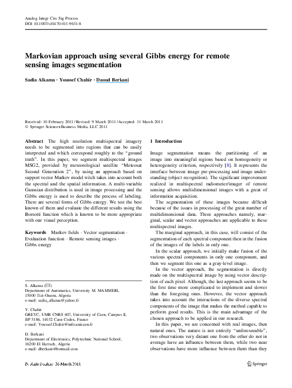 Pdf Markovian Approach Using Several Gibbs Energy For Remote Sensing Images Segmentation