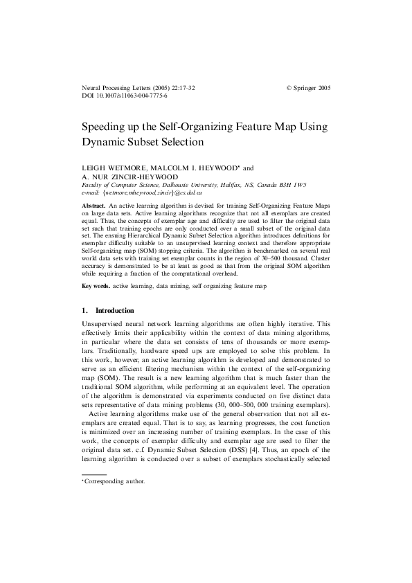 Pdf Speeding Up The Self Organizing Feature Map Using Dynamic Subset Selection