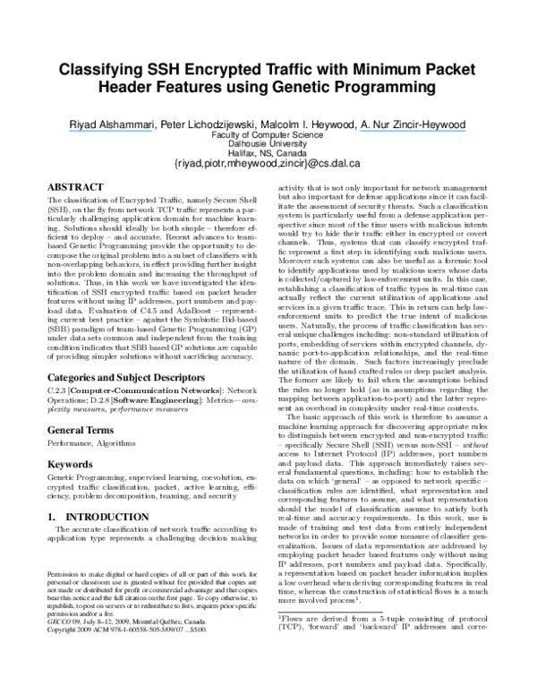 (PDF) Classifying SSH encrypted traffic with minimum packet header features using genetic ...