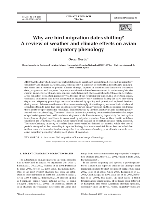 (PDF) Why are bird migration dates shifting? A review of weather and ...