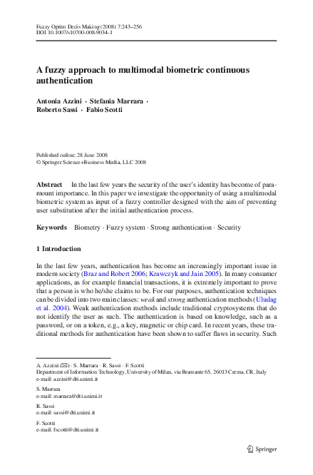 (PDF) A fuzzy approach to multimodal biometric continuous authentication