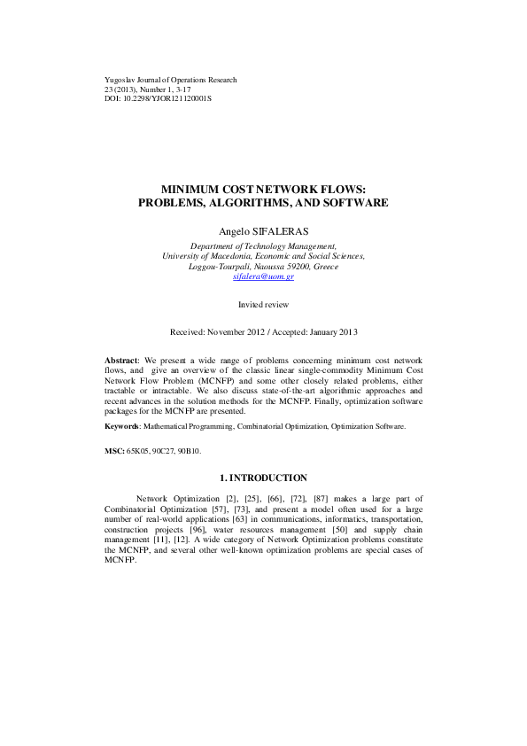 Pdf Minimum Cost Network Flows Problems Algorithms And Software