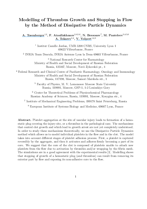 (PDF) Modelling of thrombus growth and growth stop in flow by the method of dissipative particle ...