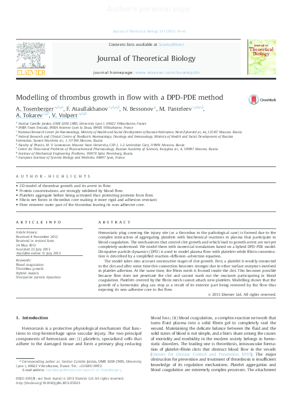 (PDF) Modelling of thrombus growth in flow with a DPD-PDE method