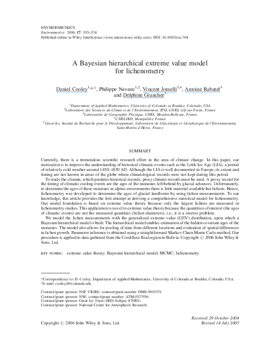 (PDF) A Bayesian hierarchical extreme value model for lichenometry