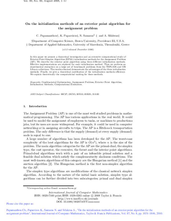 Pdf On The Initialization Methods Of An Exterior Point Algorithm For The Assignment Problem 8514