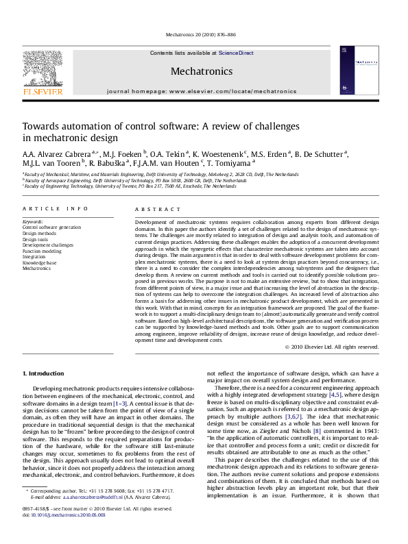 (PDF) Towards automation of control software: A review of challenges in mechatronic design