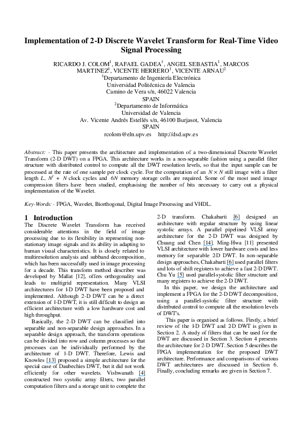 Pdf Implementation Of 2 D Discrete Wavelet Transform For Real Time Video Signal Processing