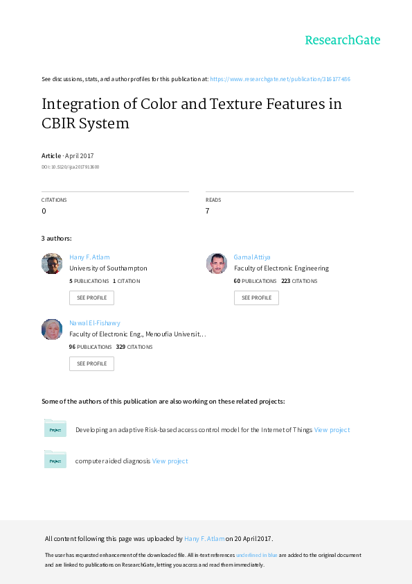 (PDF) Integration of Color and Texture Features in CBIR System