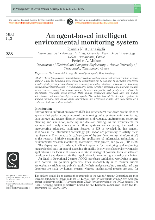 (PDF) An agent-based intelligent environmental monitoring system
