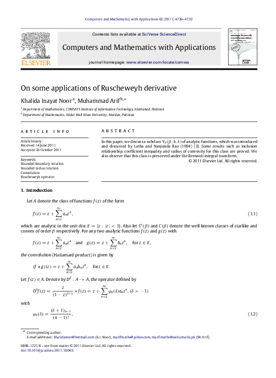 Pdf On Some Applications Of Ruscheweyh Derivative