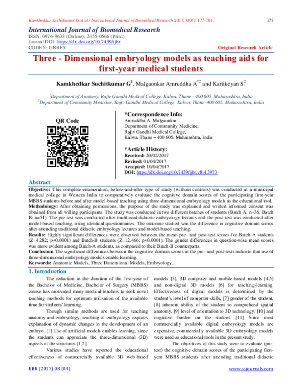 (PDF) Three -Dimensional embryology models as teaching aids for first ...