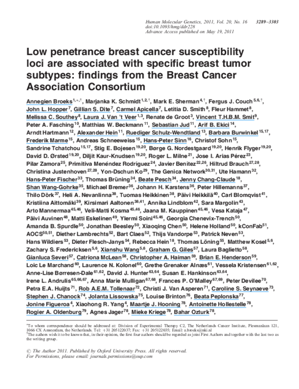 (PDF) Low penetrance breast cancer susceptibility loci are associated with specific breast tumor ...