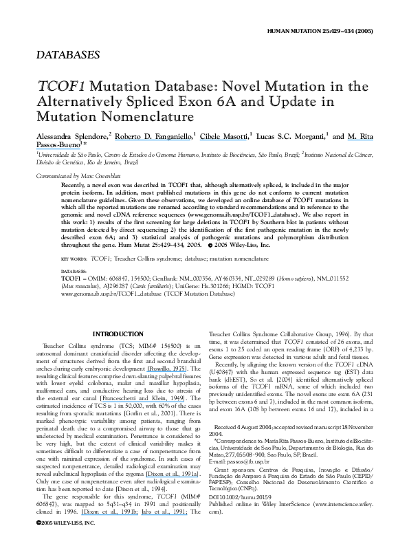 (PDF) TCOF1 mutation database: Novel mutation in the alternatively ...