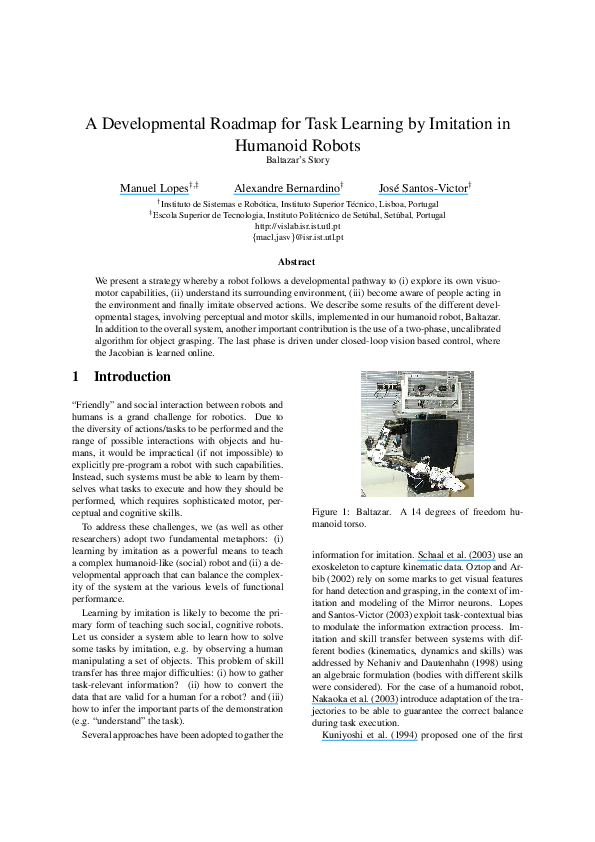(PDF) A developmental roadmap for task learning by imitation in humanoid robots