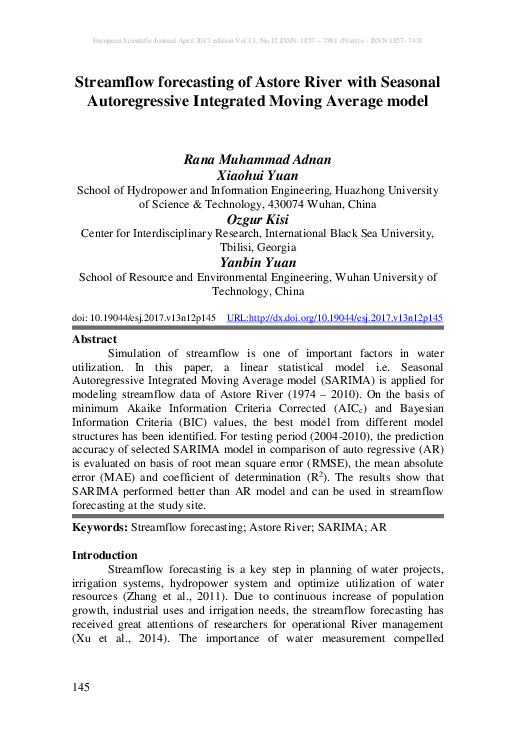 (PDF) Streamflow forecasting of Astore River with Seasonal Autoregressive Integrated Moving ...