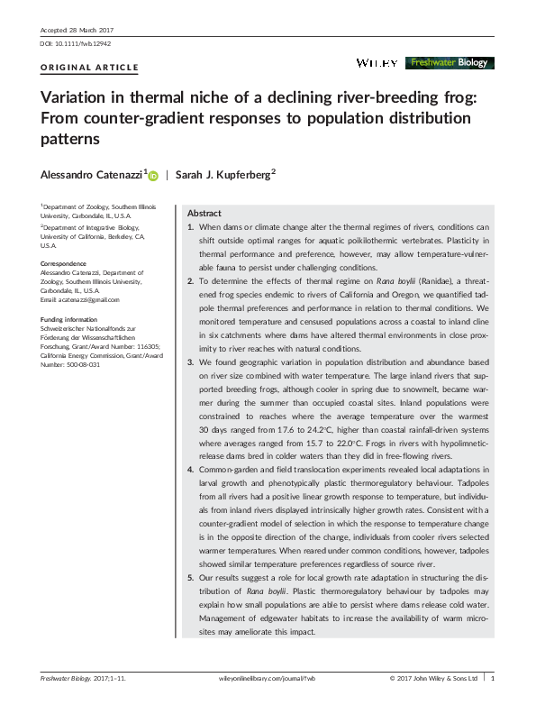 (PDF) Variation in thermal niche of a declining river-breeding frog ...