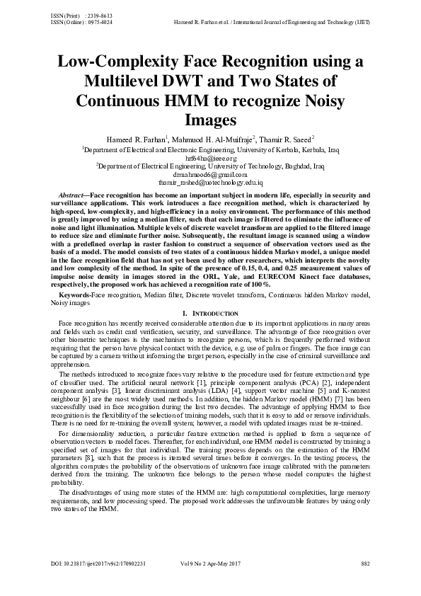 Pdf Low Complexity Face Recognition Using A Multilevel Dwt And Two States Of Continuous Hmm To