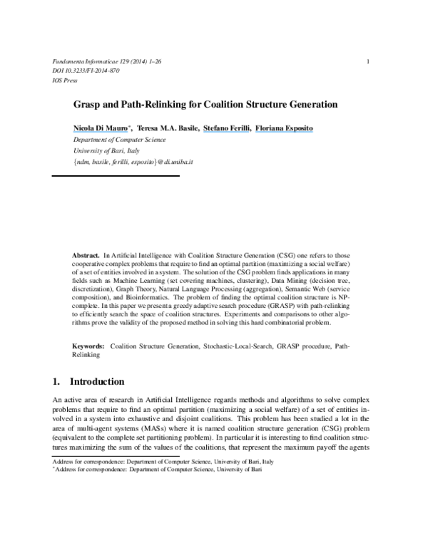 Pdf Grasp And Path Relinking For Coalition Structure Generation Floriana Esposito