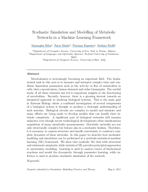 (PDF) Stochastic simulation and modelling of metabolic networks in a ... (PDF) Stochastic simulation and modelling of metabolic networks in a ...