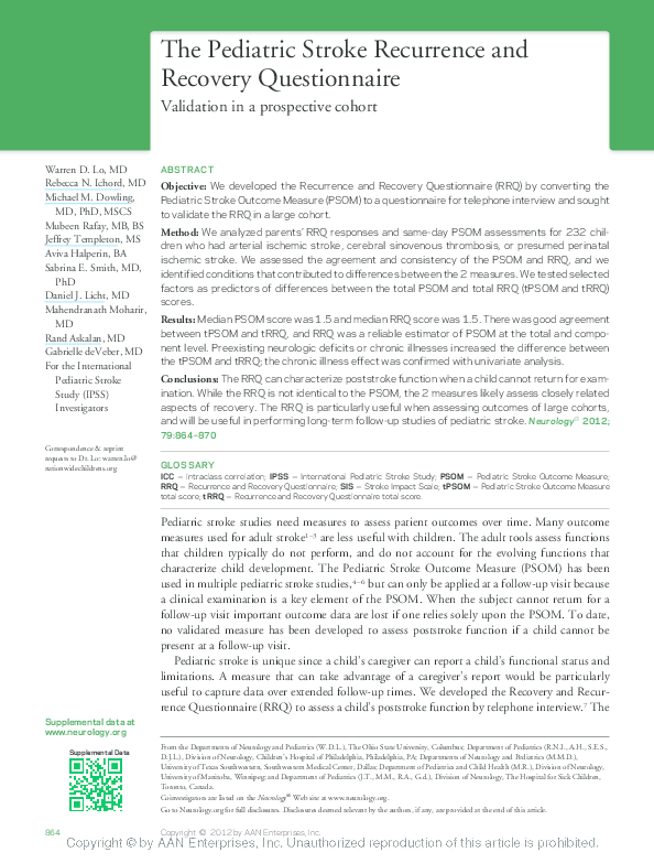 (PDF) The Pediatric Stroke Recurrence and Recovery Questionnaire ...