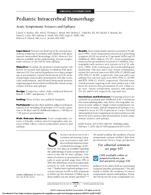 (PDF) Pediatric Intracerebral Hemorrhage | Daniel Licht - Academia.edu