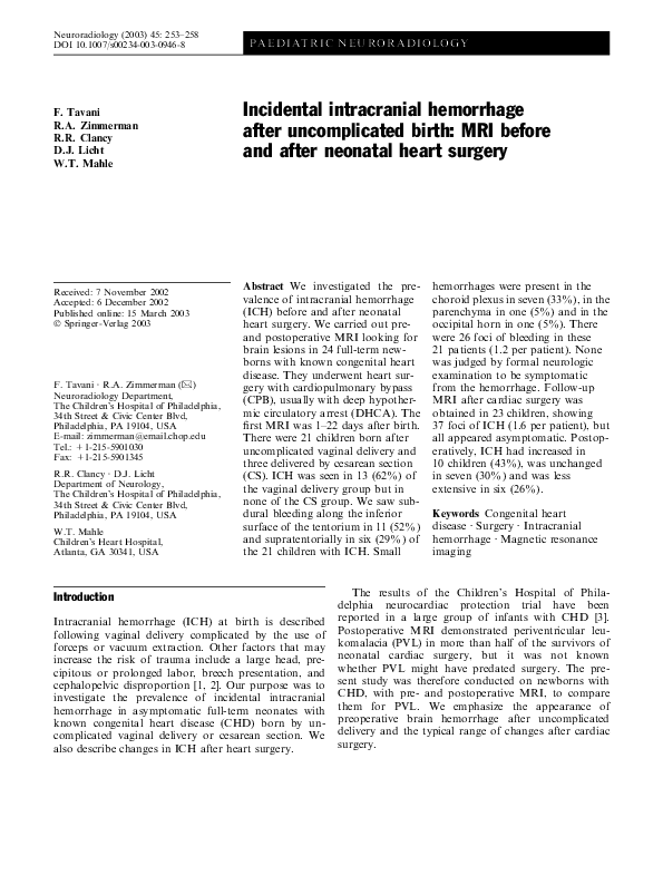 (PDF) Incidental intracranial hemorrhage after uncomplicated birth: MRI ...