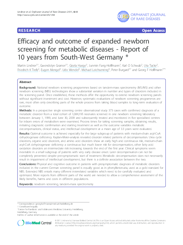 (PDF) Efficacy and outcome of expanded newborn screening for metabolic diseases - Report of 10 ...