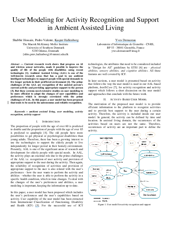 Pdf User Modeling For Activity Recognition And Support In Ambient