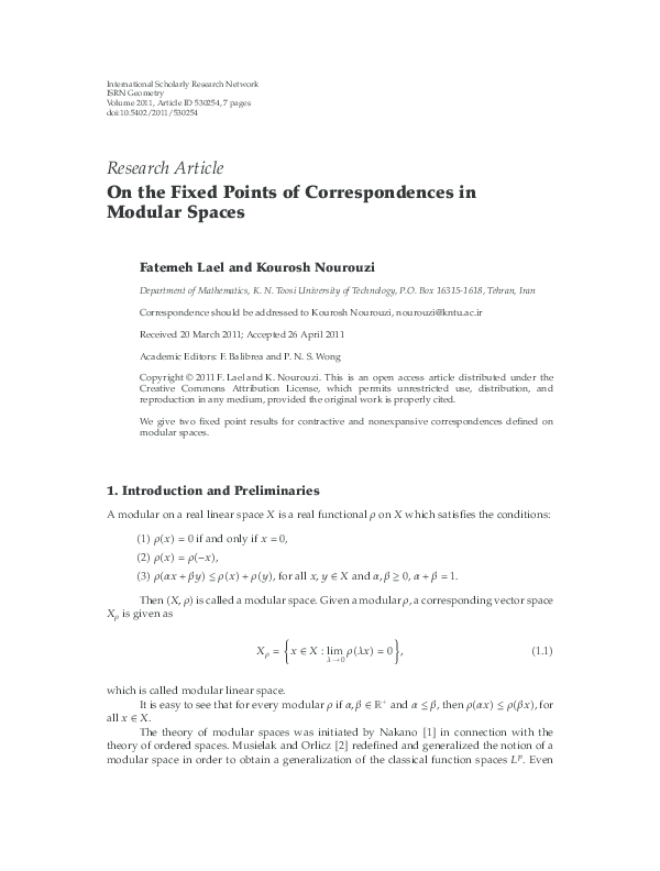 Pdf On The Fixed Points Of Correspondences In Modular Spaces