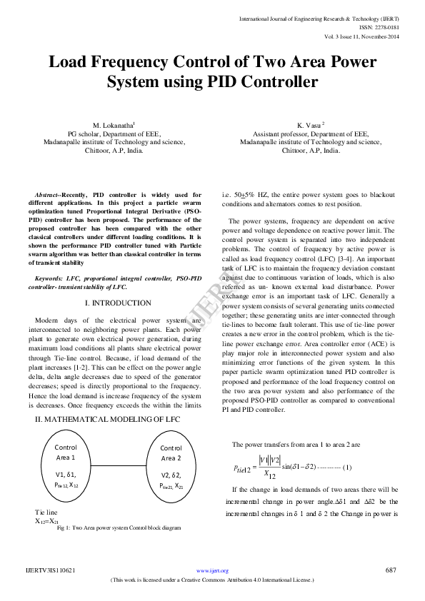 Pdf Load Frequency Control Of Two Area Power System Using Pid Controller