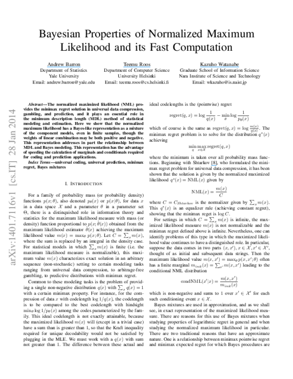 (PDF) Bayesian Aspects of NML and Its Efficient Computation