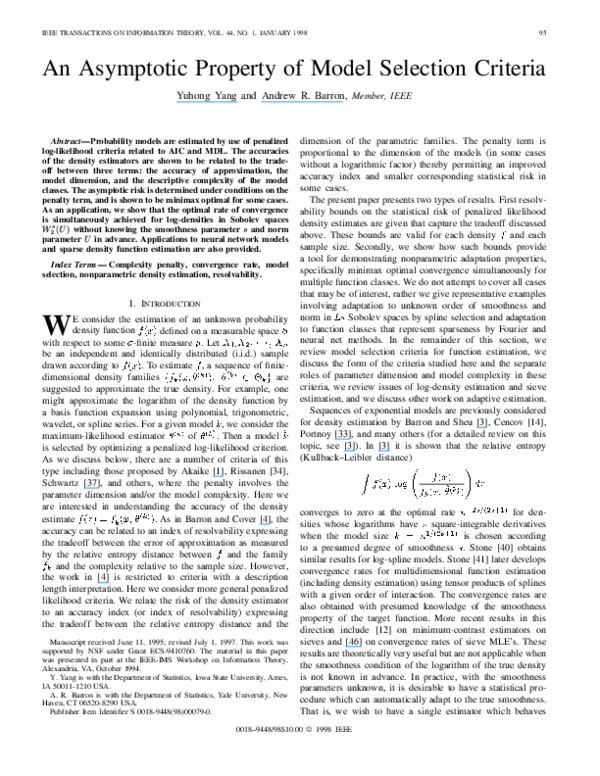 (PDF) An asymptotic property of model selection criteria