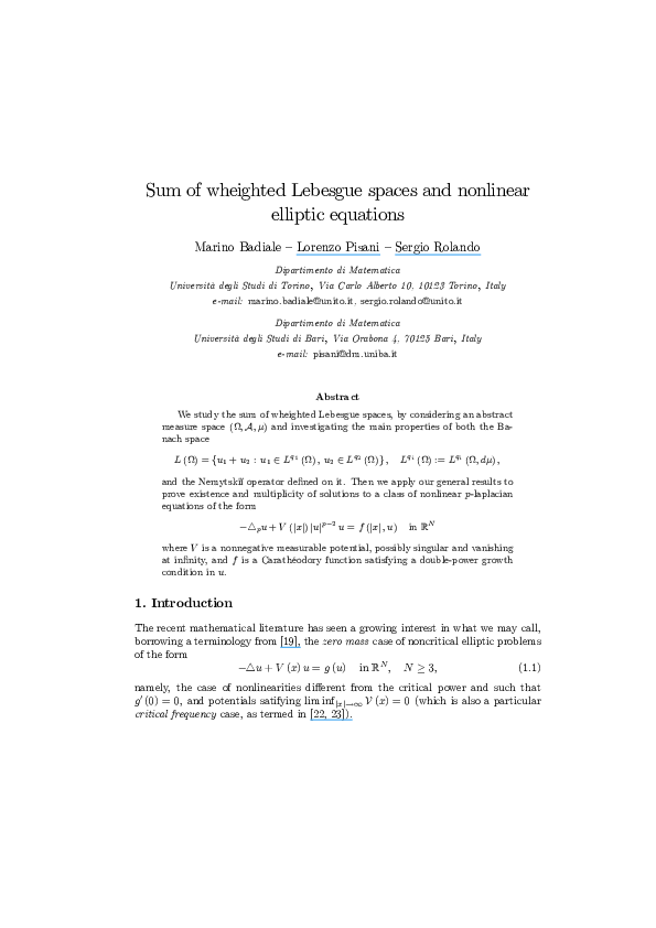 Pdf Sum Of Weighted Lebesgue Spaces And Nonlinear Elliptic Equations