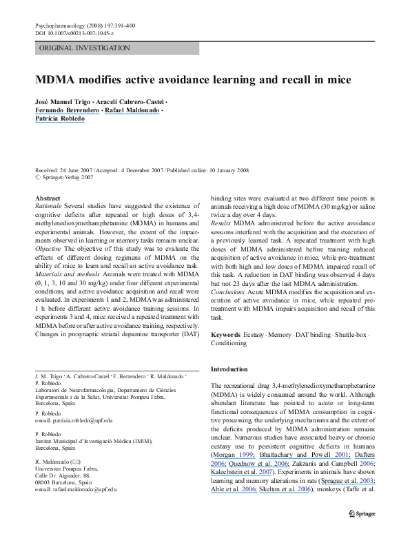 (PDF) MDMA modifies active avoidance learning and recall in mice