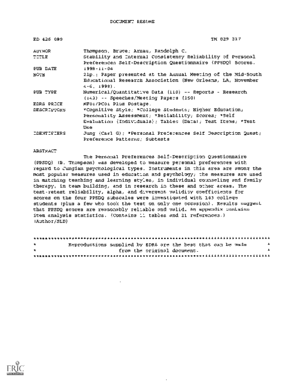 (PDF) Stability and Internal Consistency Reliability of Personal ...